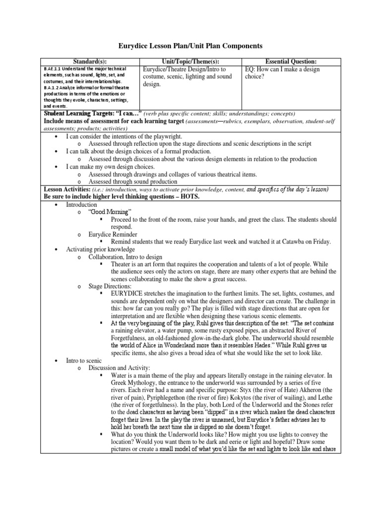 Eurydice Lesson Plan | PDF | Orpheus | Drawing