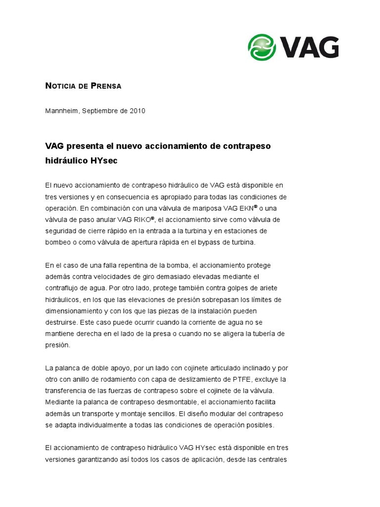 VAG Presenta El Nuevo Accionamiento de Contrapeso Hidráulico HYsec ...