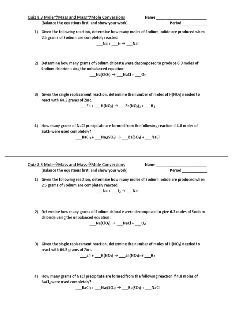 8 3 Quiz Mole To Mass Mass To Mole Conversions | PDF | Teaching Methods ...