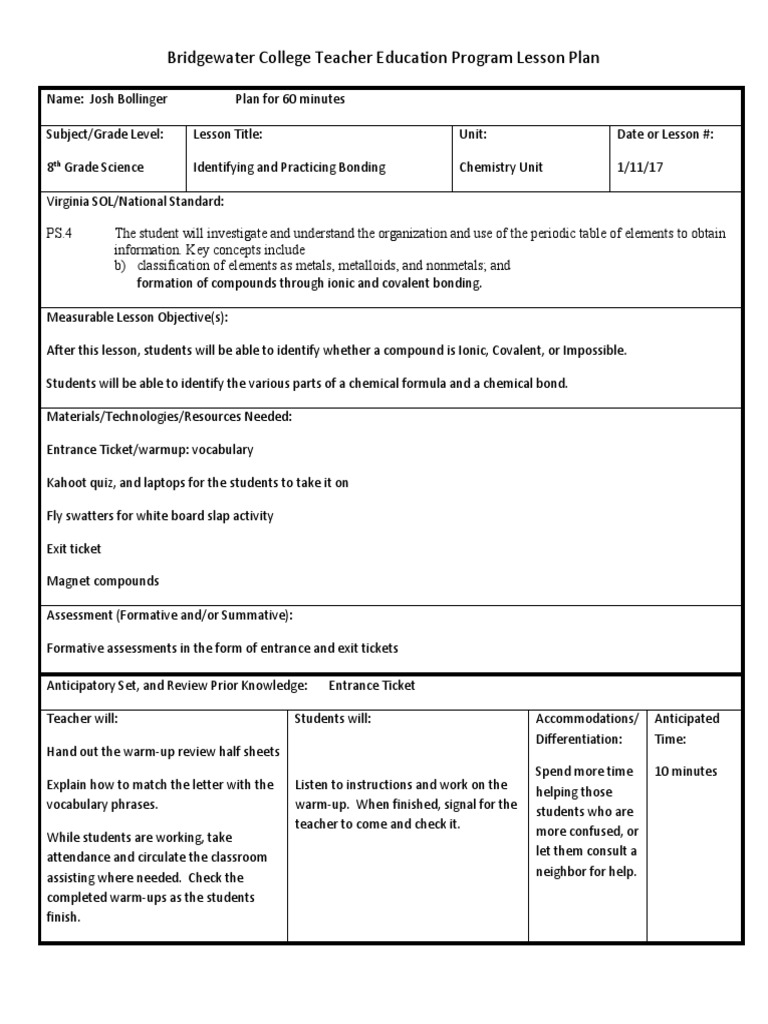 1-11-17 lesson plan bonding review | Chemical Compounds | Ionic Bonding
