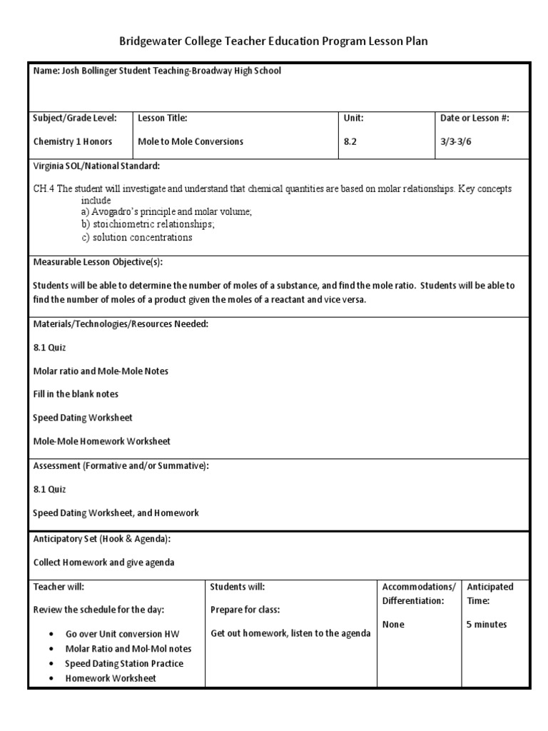 Chemistry Honors: Mole Conversions | PDF | Mole (Unit) | Lesson Plan