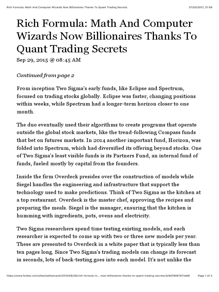 Rich Formula: Math and Computer Wizards Now Billionaires Thanks To Quant Trading Secrets | PDF ...