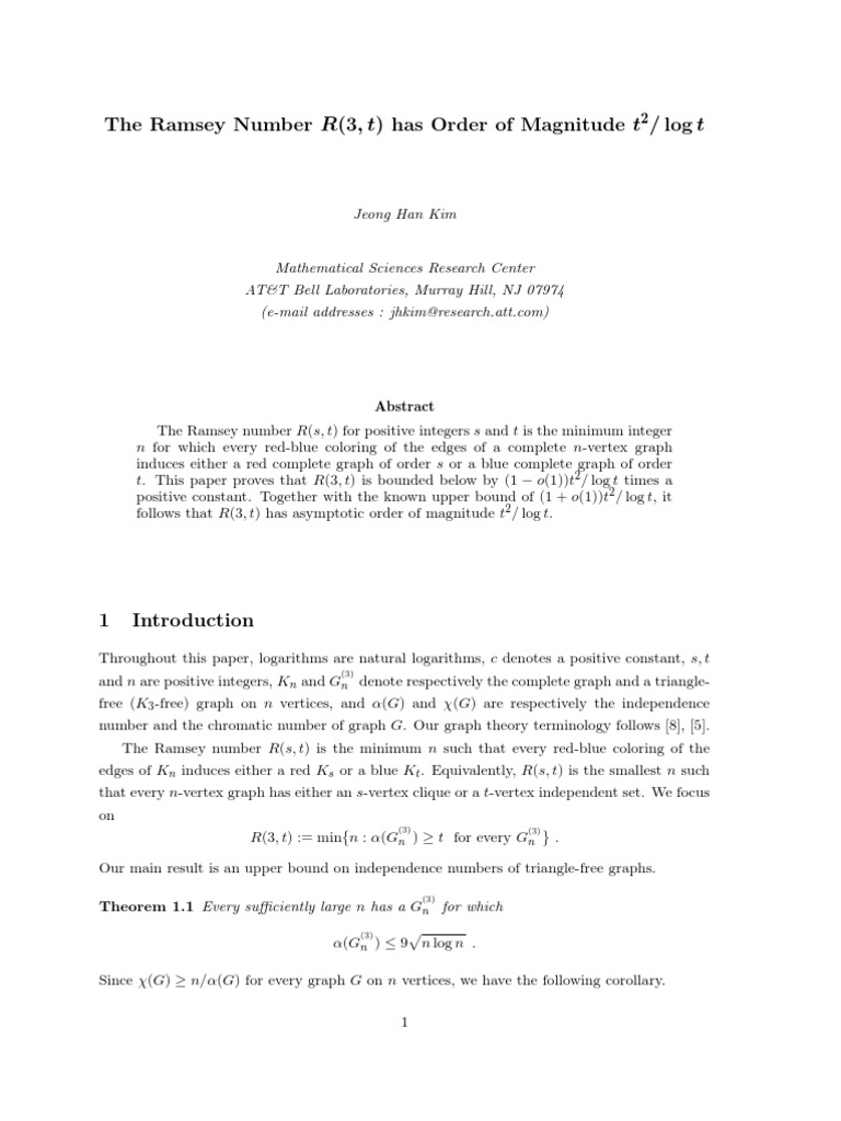 The Ramsey Number R (3, T) Has Order of Magnitude T / Log T | PDF ...