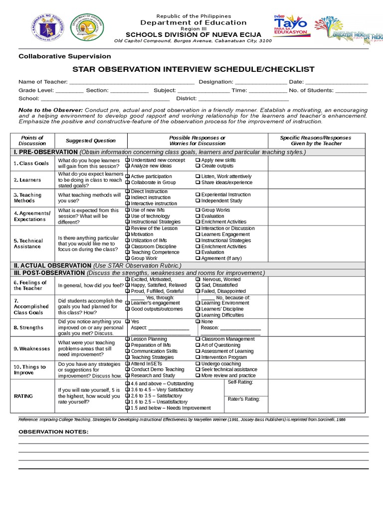 Interview Guide Checklist STAR Observation | Teaching Method | Teachers