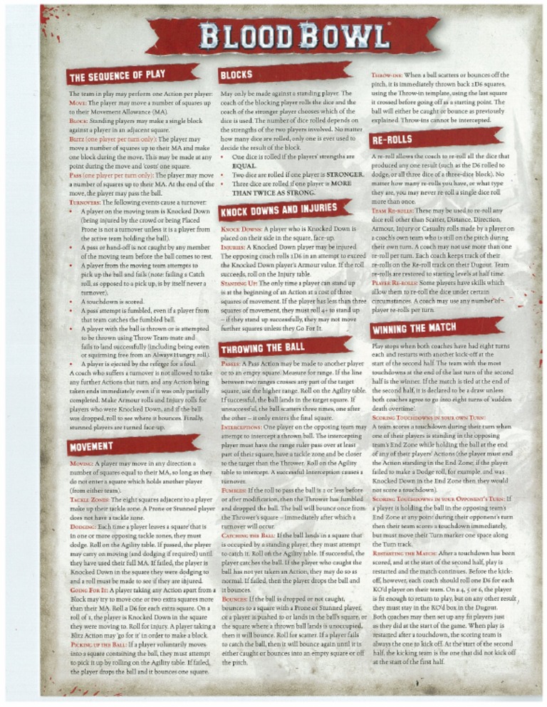 Blood Bowl 5th Ed Reference Card 1 | PDF