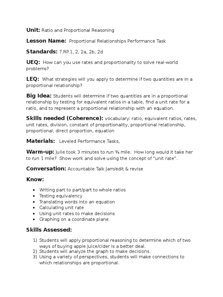 Proportional Relationships Performance Task | PDF | Ratio | Pedagogy