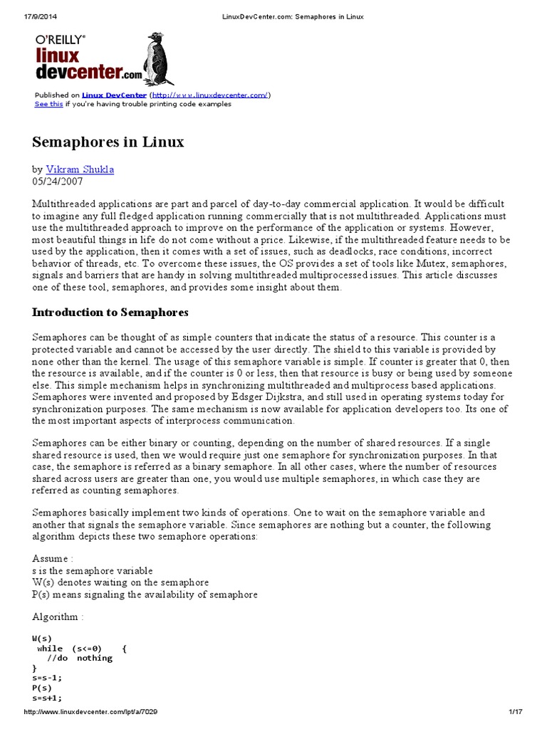 Semaphores Tutorial Oreilly Linuxdevcenter Pdf Thread Computing Concurrent Computing