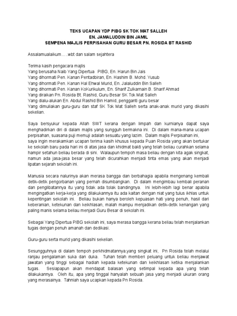 Teks Ucapan Ydp Pibg SK Tok Mat Salleh Untuk PN Rosida | PDF | Karier & Perkembangan