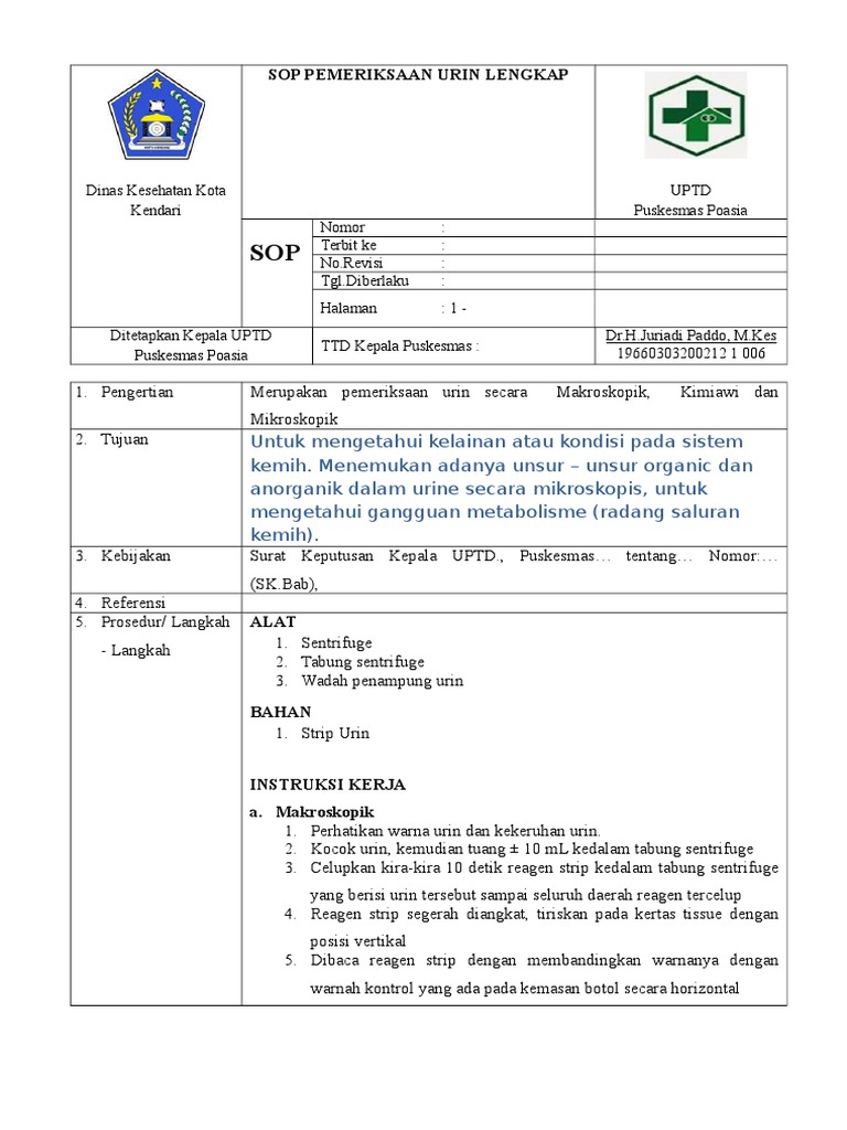 SOP Pemeriksaan Urin Lengkap Puskesmas | PDF