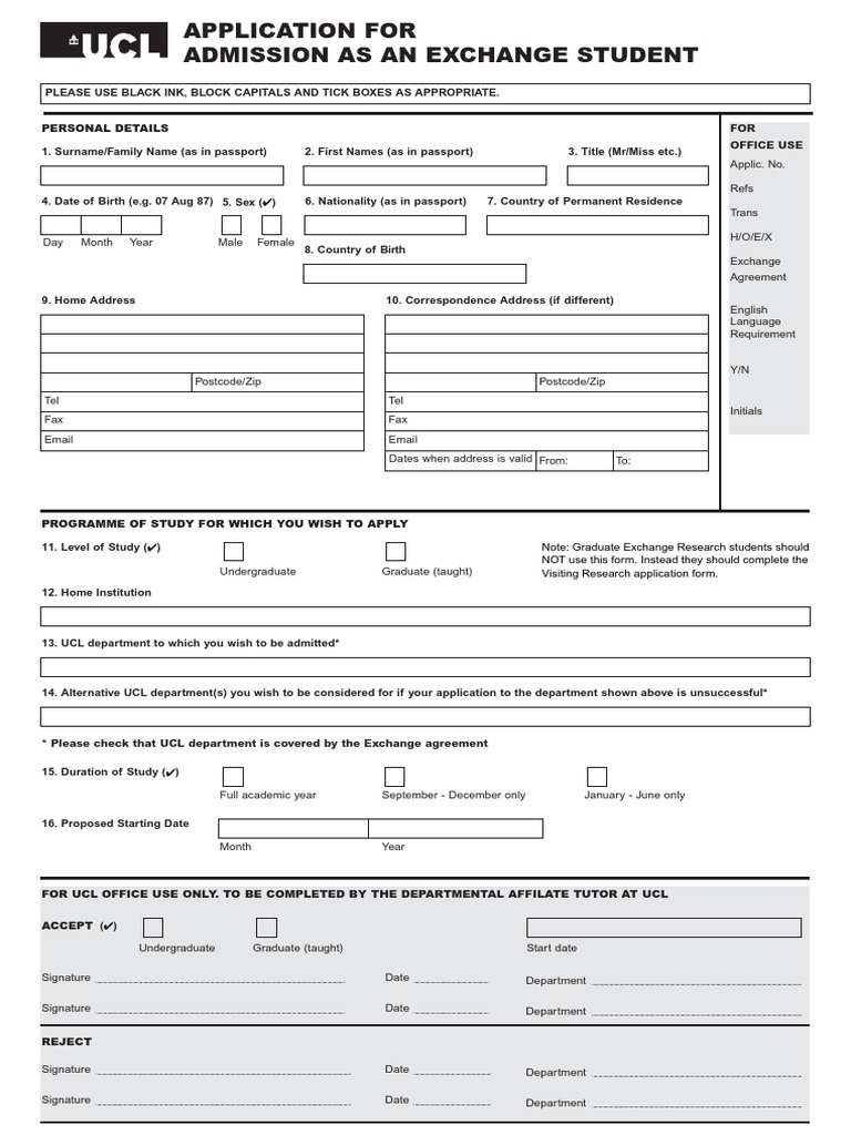 UCL Exchange Application Form | PDF | University College London | Postgraduate Education