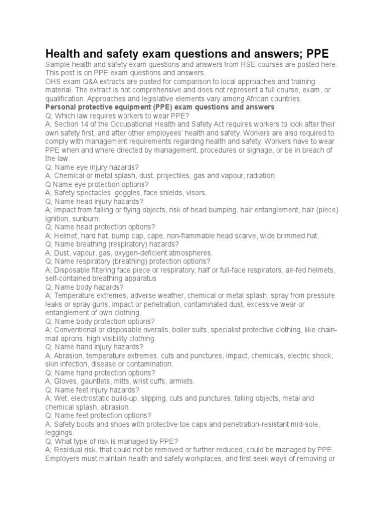 Health and Safety Exam Questions and Answers | PDF | Personal ...