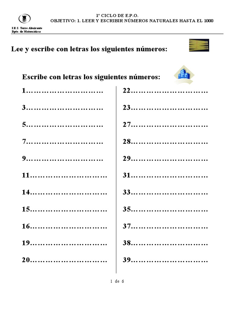 Hojas De Trabajo Para Escribir Números En Forma De Palabras