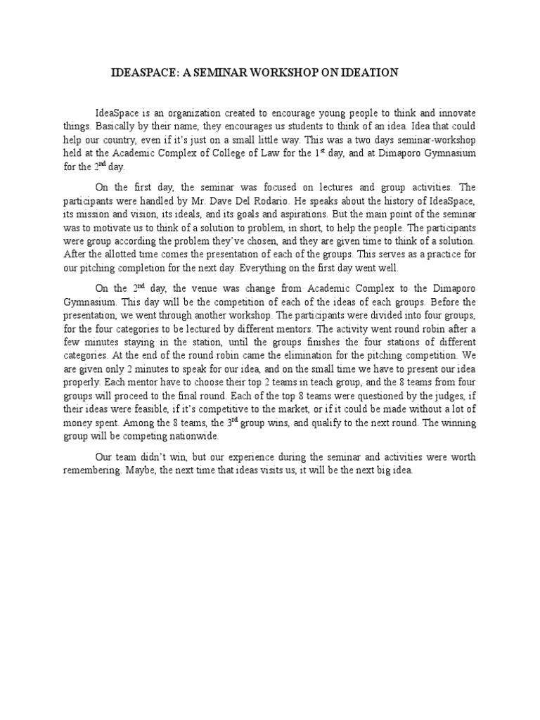 Ideaspace: A Seminar Workshop On Ideation: ST ND | PDF | Career & Growth