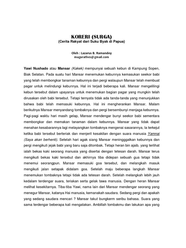 Cerita Rakyat Suku Byak "KORERI" (SURGA) | PDF