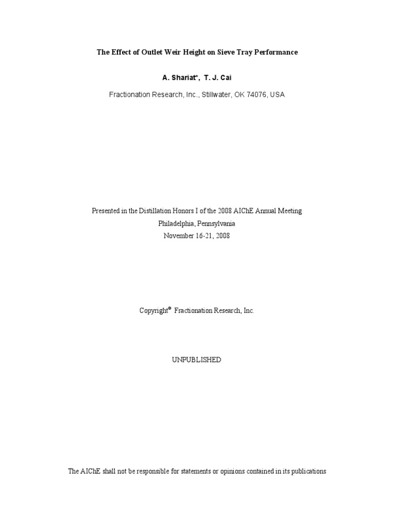The Effect of Outlet Weir Height On Sieve Tray Performance | PDF ...