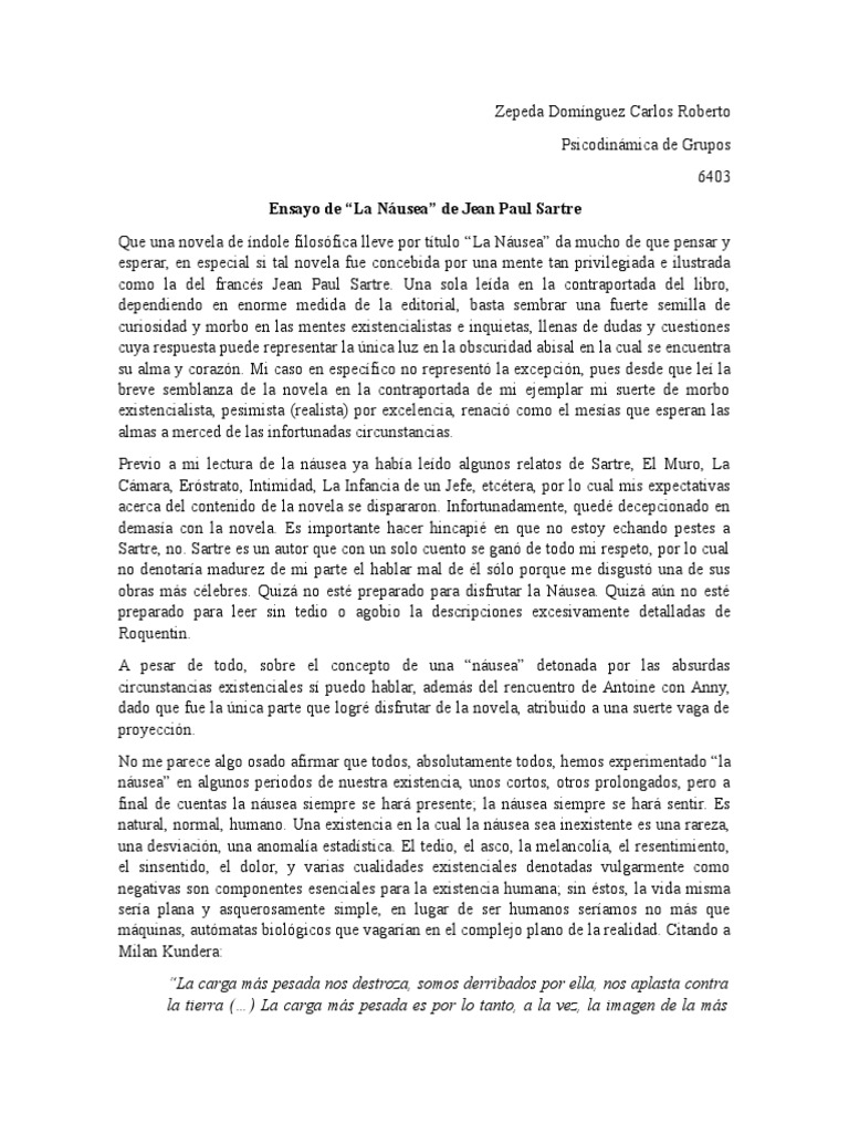 La Náusea - Ensayo | PDF | Existencialismo | Novelas