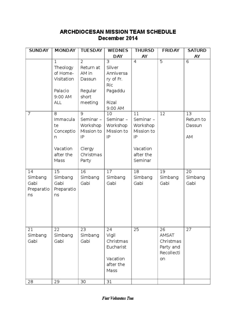 Archdiocesan Mission Team Schedule | PDF