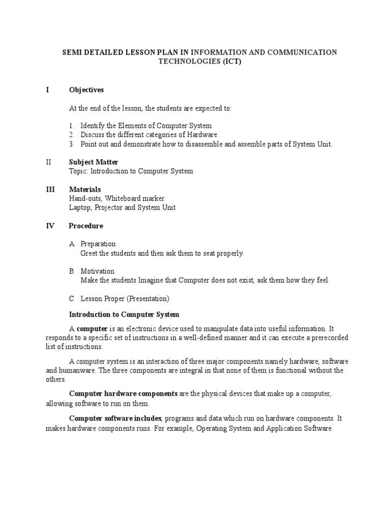 Final Demo ICT Semi-Detailed Lesson Plan | PDF | Computer Hardware ...