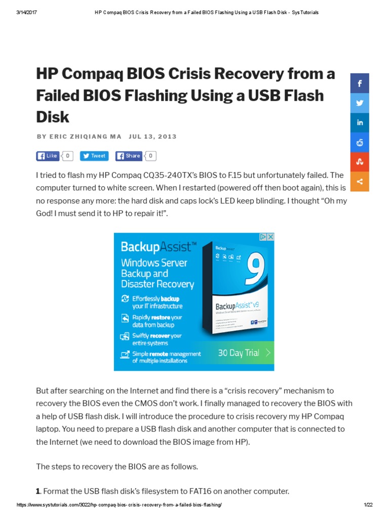 Hp Compaq Bios Crisis Recovery From A Failed Bios Flashing Using A Usb Flash Disk Systutorials