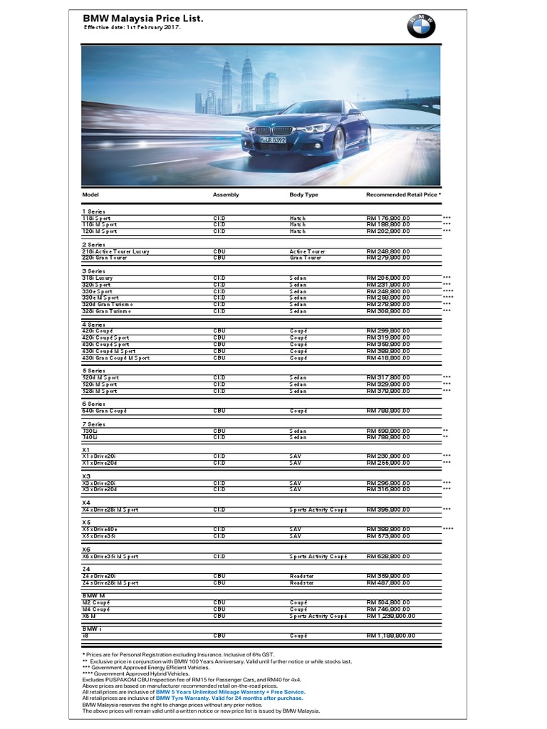 BMW Price List 01022017 | PDF | Bmw | Sports Car Manufacturers