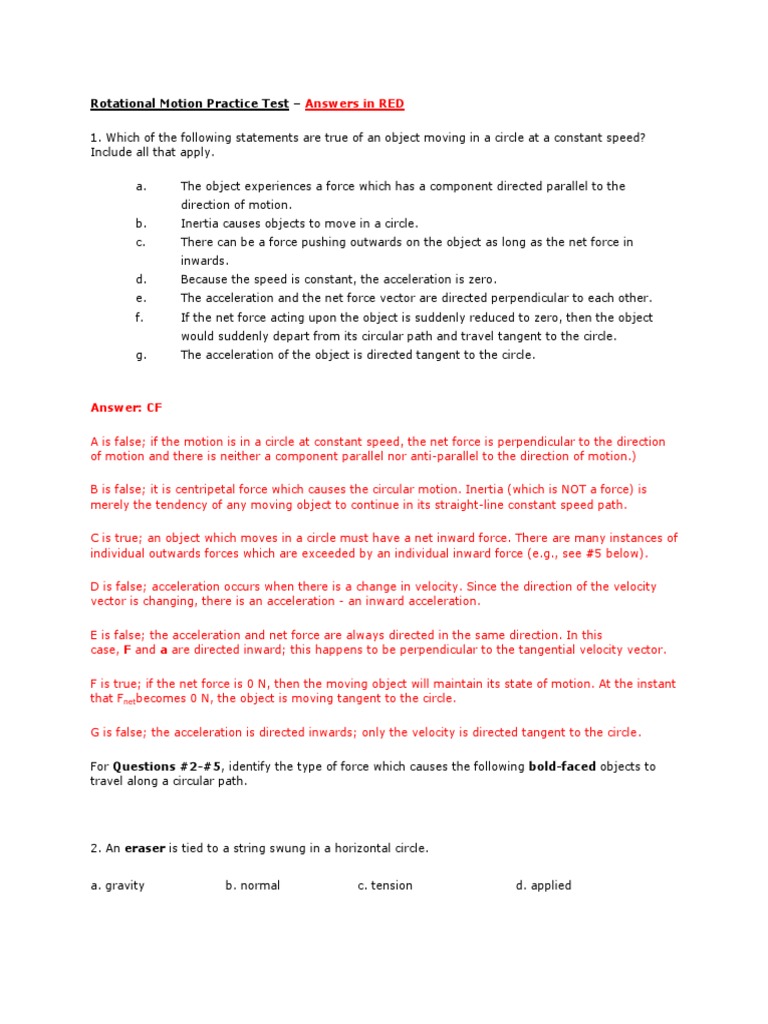 Rotational Motion Practice Test Answers | PDF | Acceleration | Force