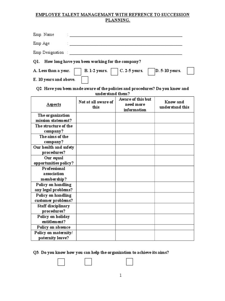 Talent Management Questionnaire | Employee Benefits | Employee Relations