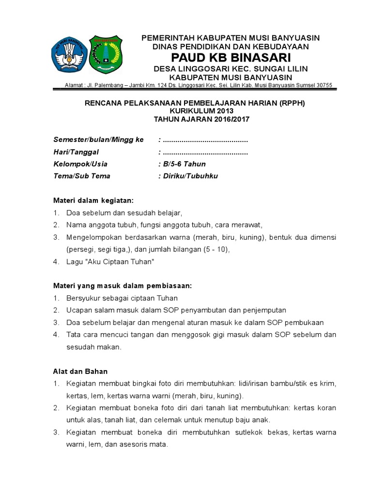 RPPH Paud Tema Diri Sendiri Kurikulum 2013 | PDF