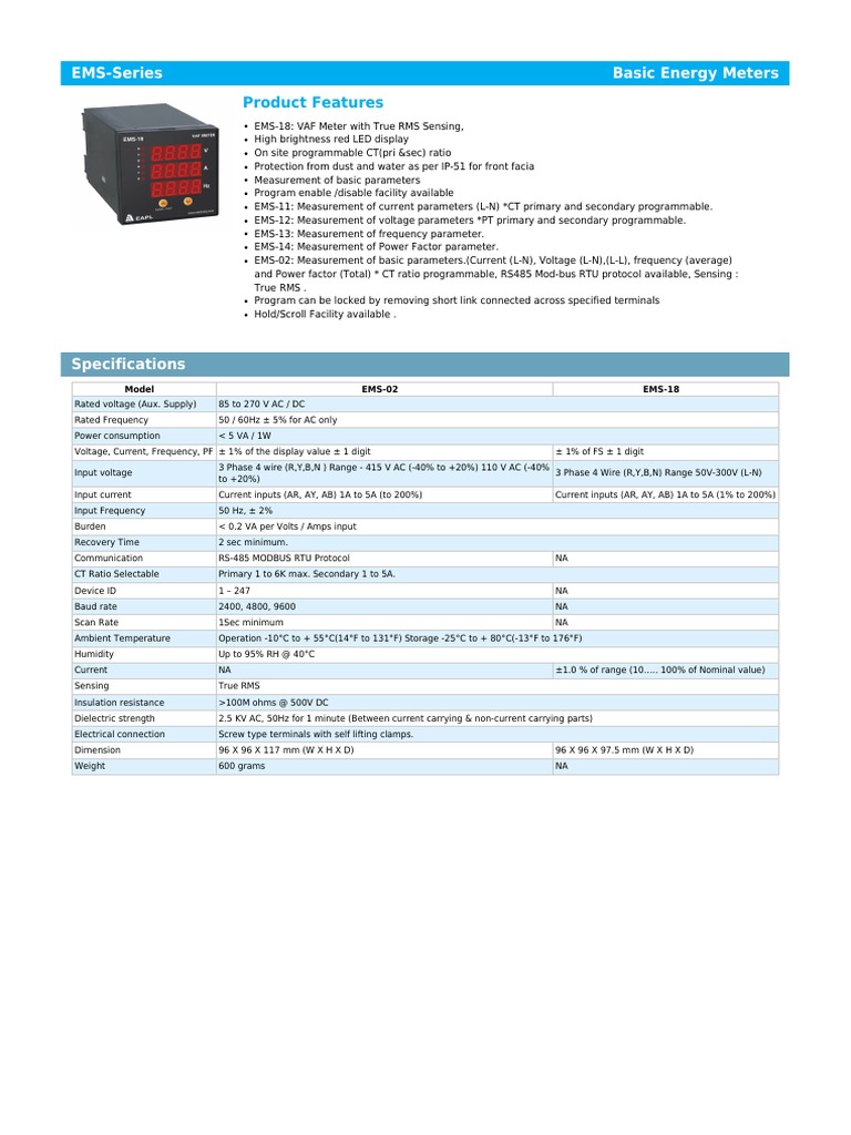 Basic Energy Meters (EMS-Series) | PDF | Power (Physics) | Electronics