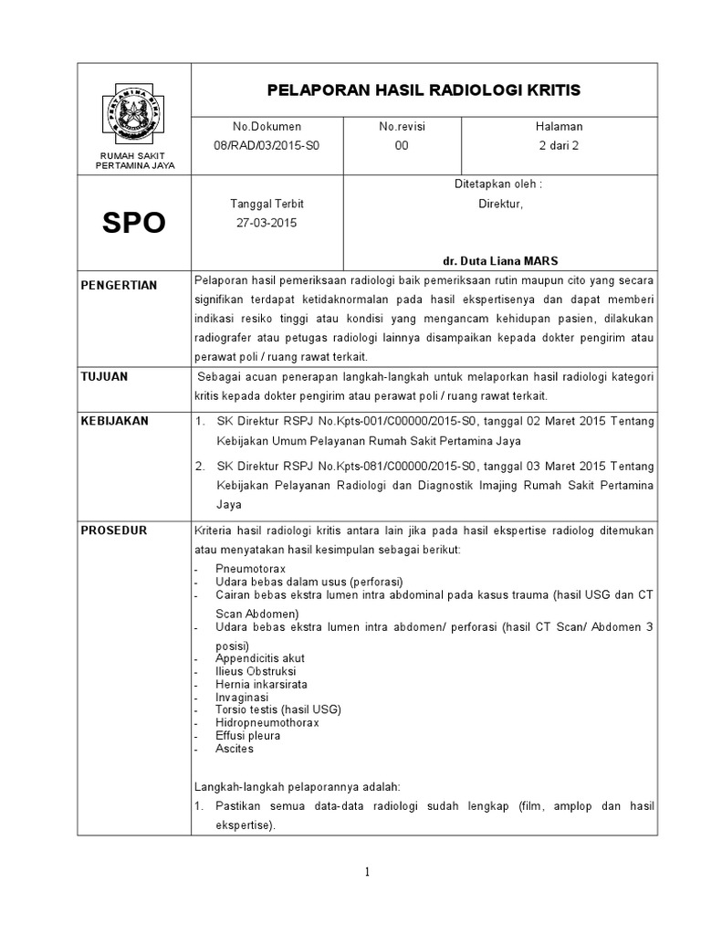 SPO Pelaporan Hasil Radiologi Kritis | PDF
