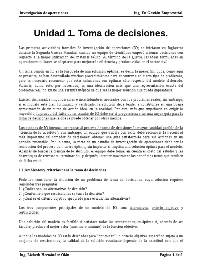 U1 Apuntes IO | PDF | La investigación de operaciones | Toma de decisiones