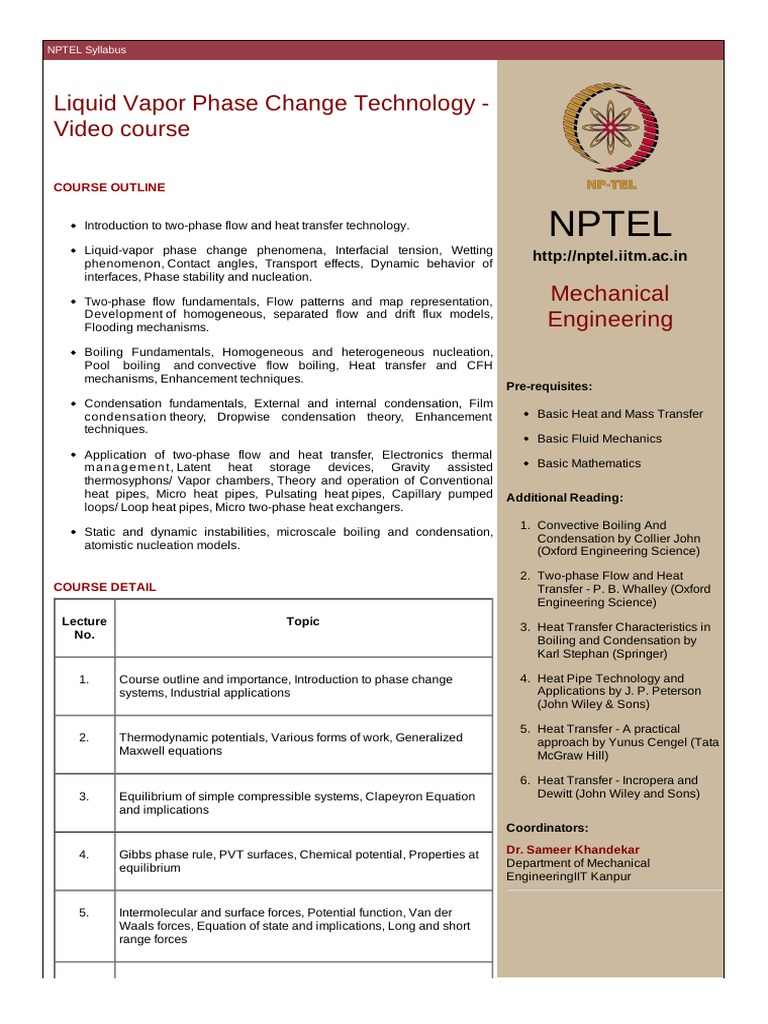 Liquid Vapor Phase Change Technology - Course Work Syllabus | PDF ...