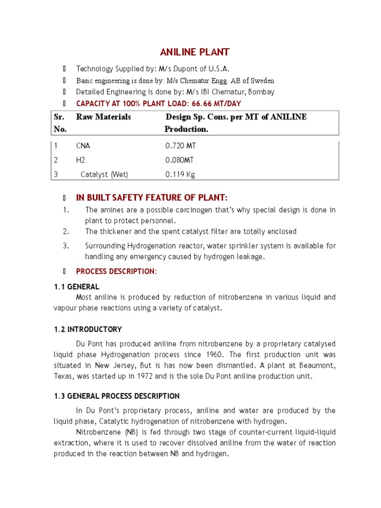 Aniline Process Description | PDF | Heat Exchanger | Chemical Reactor
