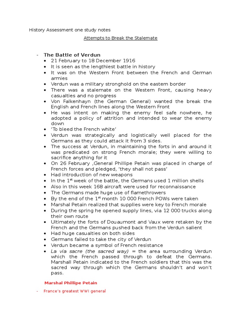 History Assesment One Study Notes | PDF | Trench Warfare | Battle Of Verdun