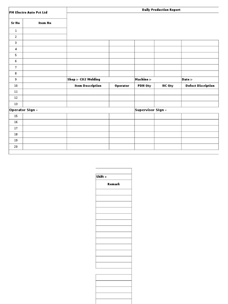 PM Electro Auto PVT LTD Daily Production Report: Operator Sign ...