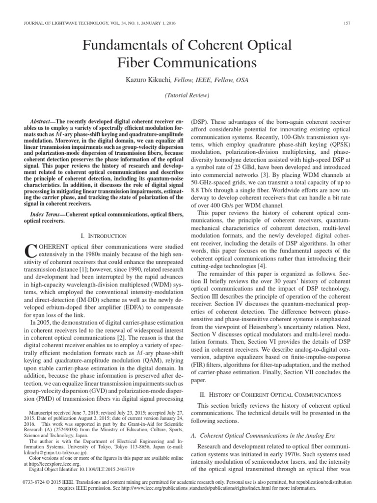 Fundamentals of Coherent Optical Fiber Communications: Kazuro Kikuchi ...
