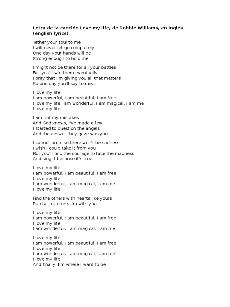 Lyrics Love My Life by Robby Williams | PDF