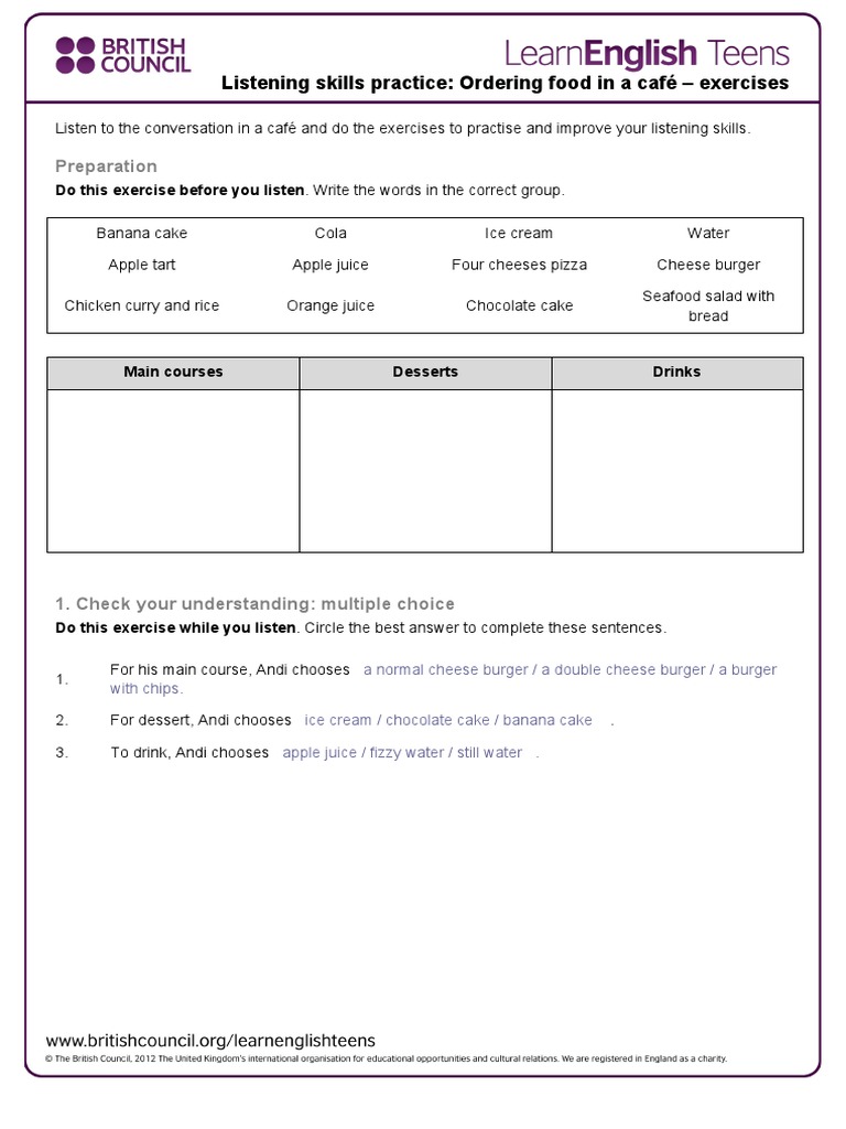 Ordering Food in a Café Exercises | PDF