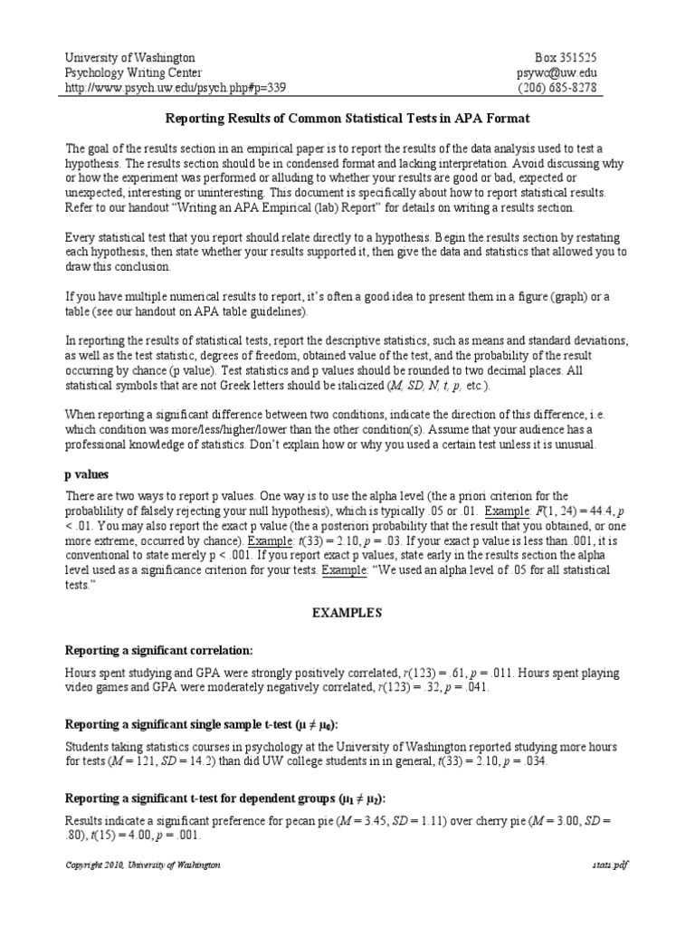 Reporting Results in APA Format UW.edu | P Value | Statistical ...