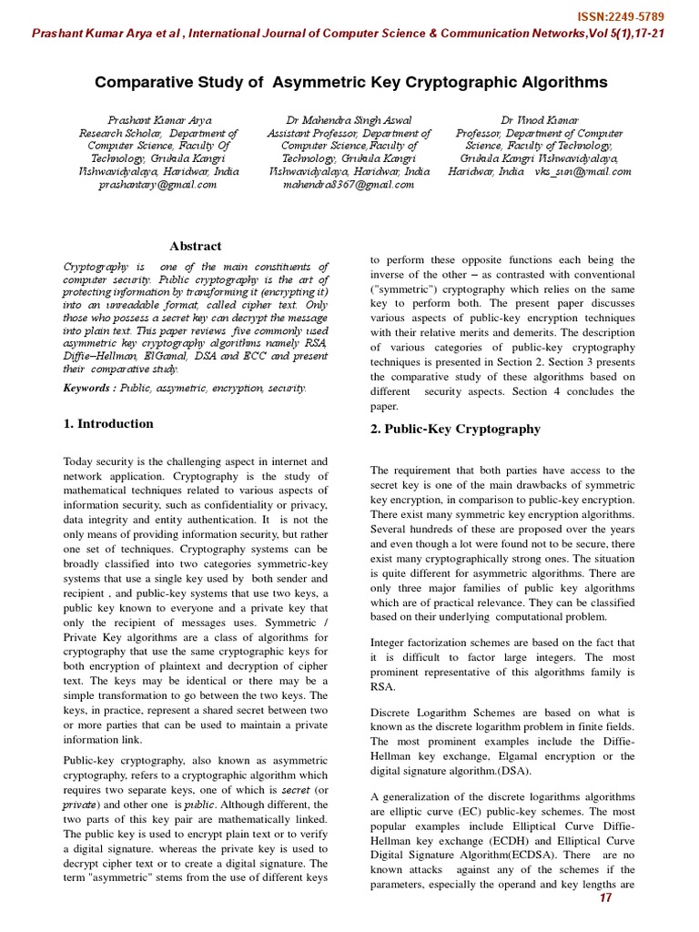Comparative Study of Asymmetric Key Cryptographic Algorithms | PDF | Cryptography | Key ...