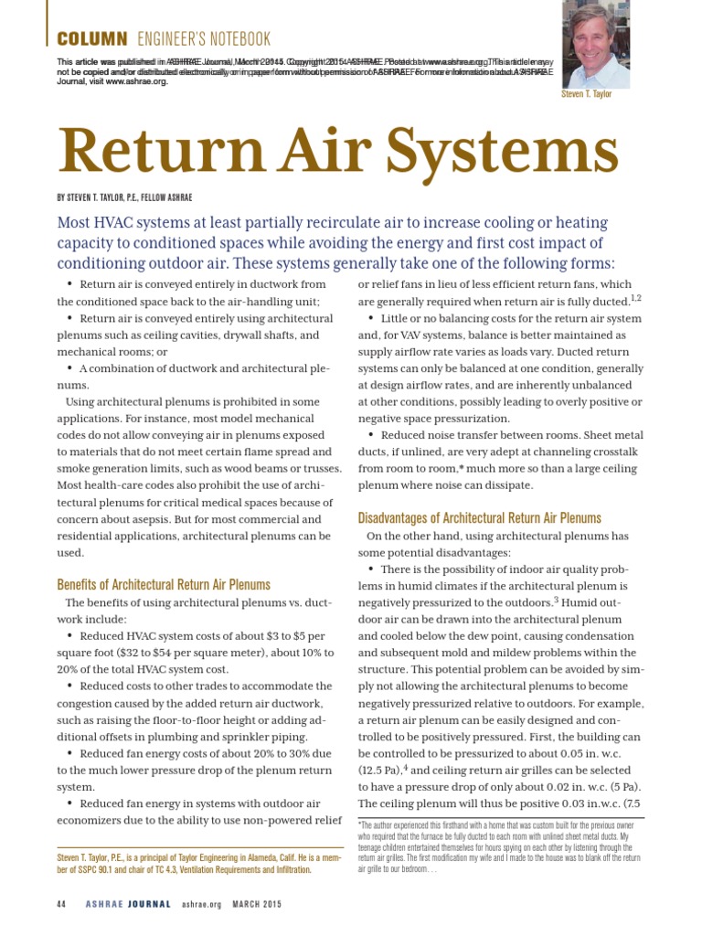 ASHRAE Journal - Return Air Systems - Taylor | Download Free PDF | Duct ...
