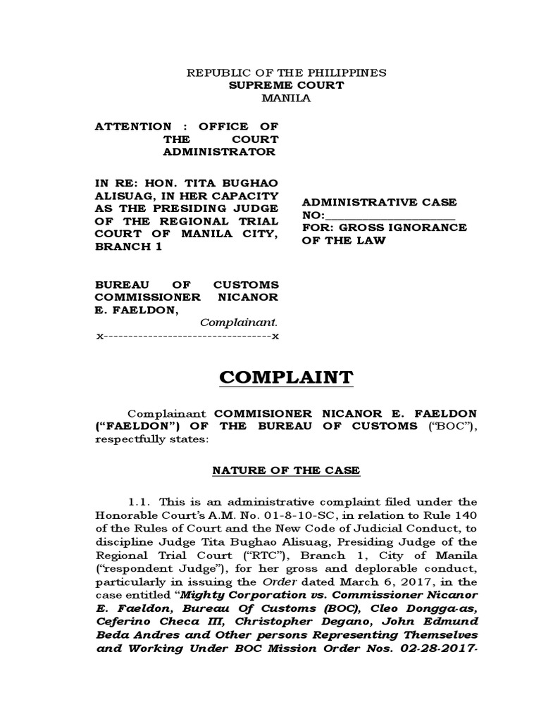 Administrative case filed by Bureau of Customs vs Manila RTC Judge ...