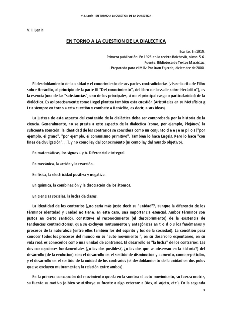 Lenin - en Torno A La Cuestion de La Dialectica | PDF | Dialéctico ...