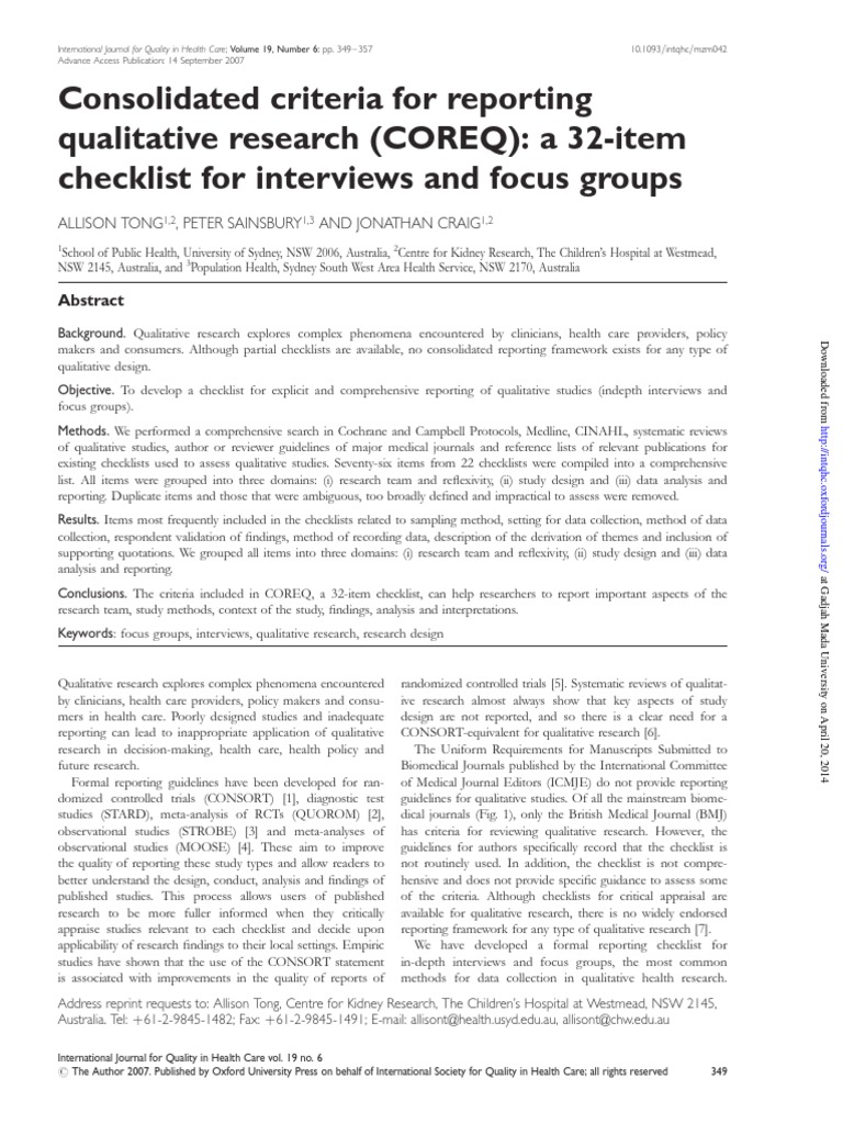 Developing COREQ: A 32-Item Checklist for Reporting Qualitative ...