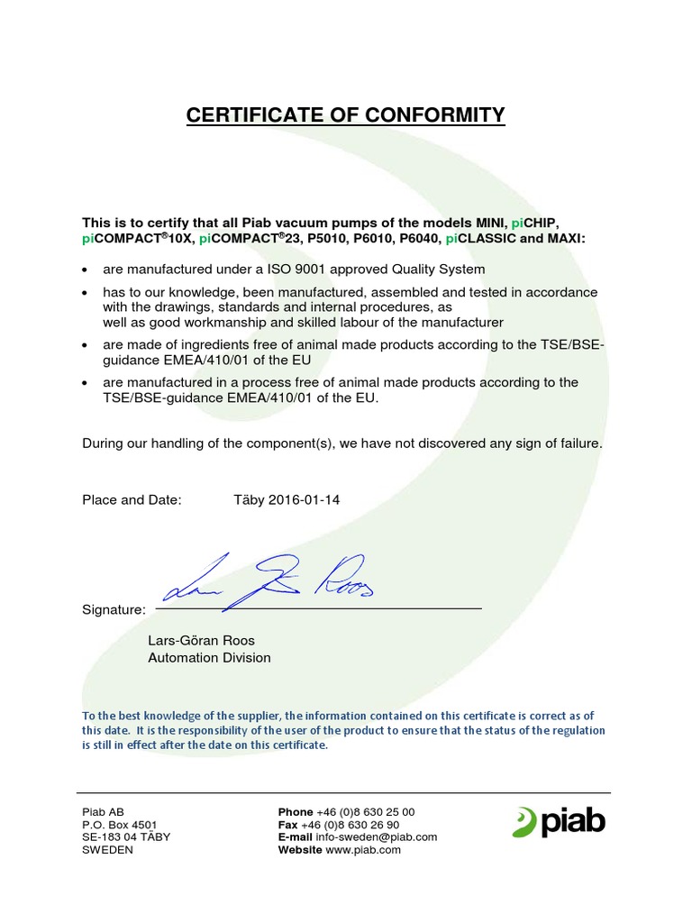 Piab Pumps Cert. of Conf. Tse Bse | PDF