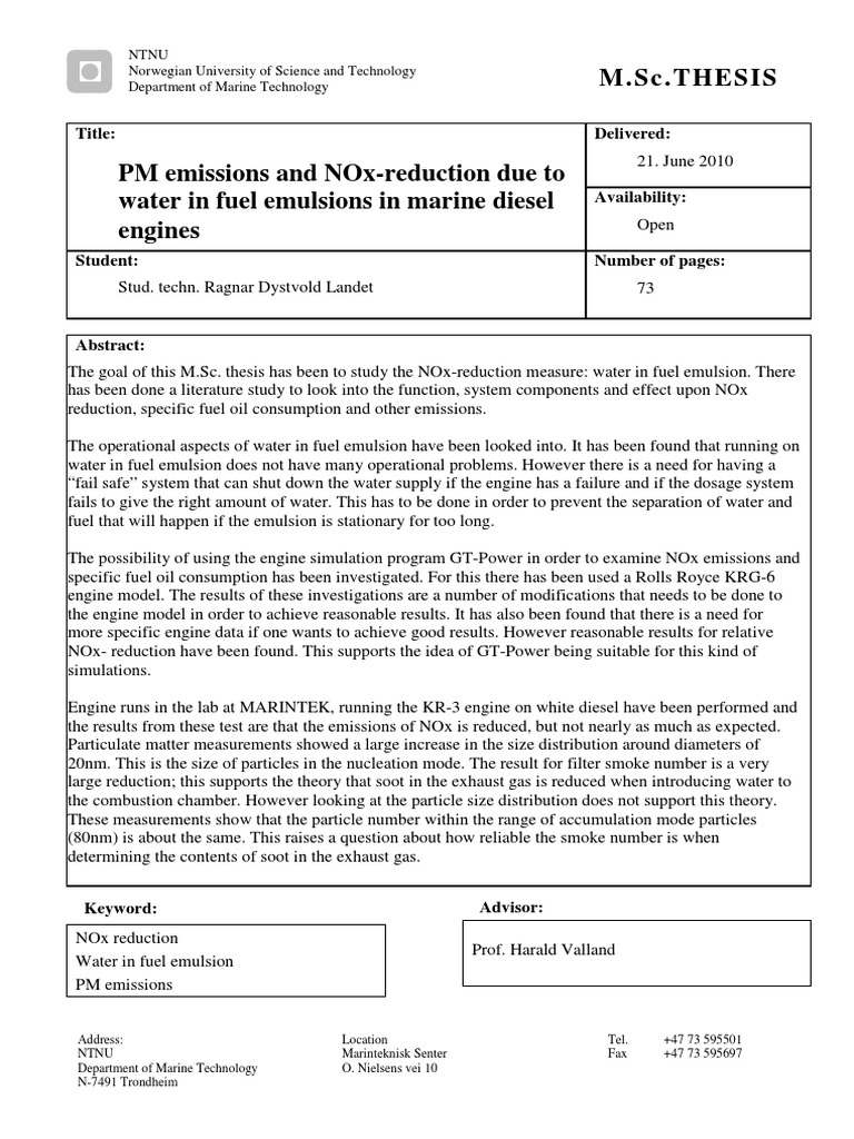 PM and NOx Reduction from Water in Fuel Emulsions | PDF | Exhaust Gas ...