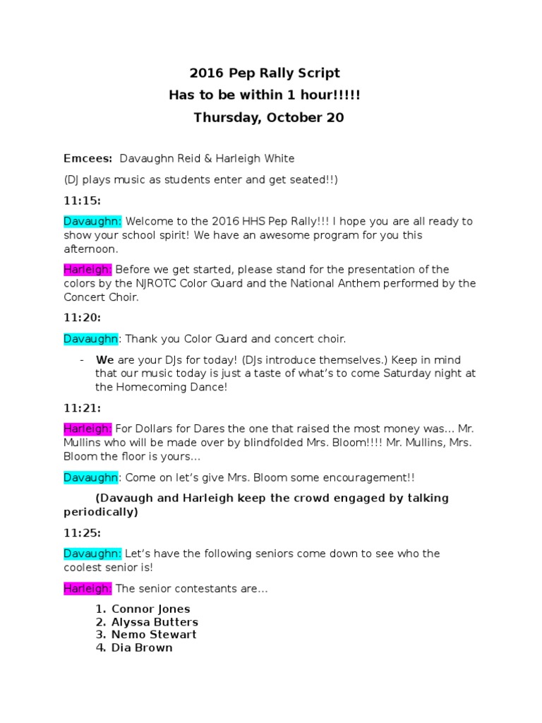 pep rally script 2016 | Educational Institutions | Educational Stages