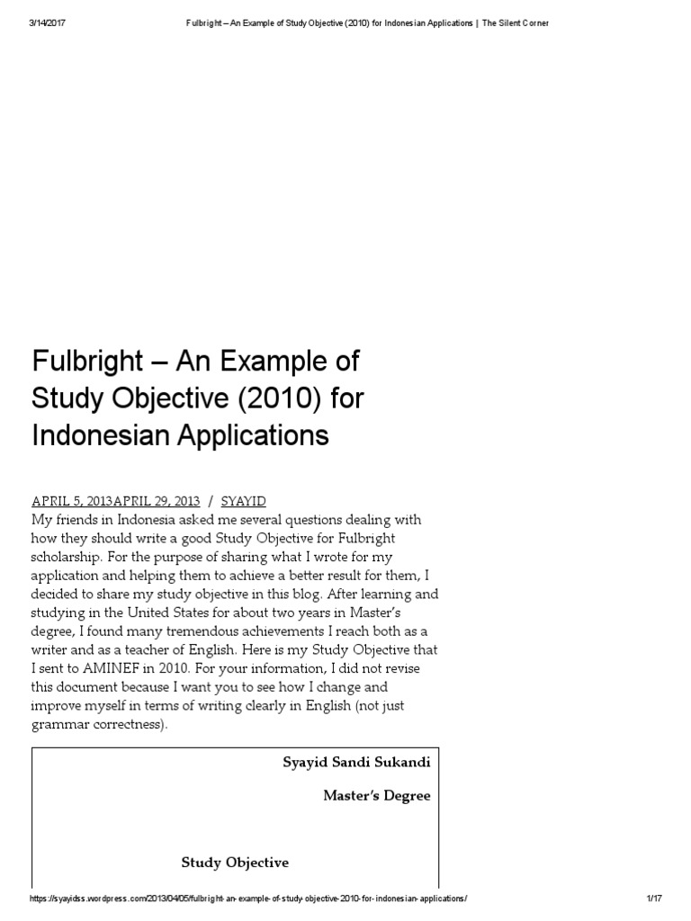 Fulbright - An Example of Study Objective (2010) For Indonesian ...