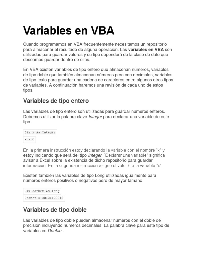 Variables en VBA | PDF | Variable (informática) | Ingeniería de software