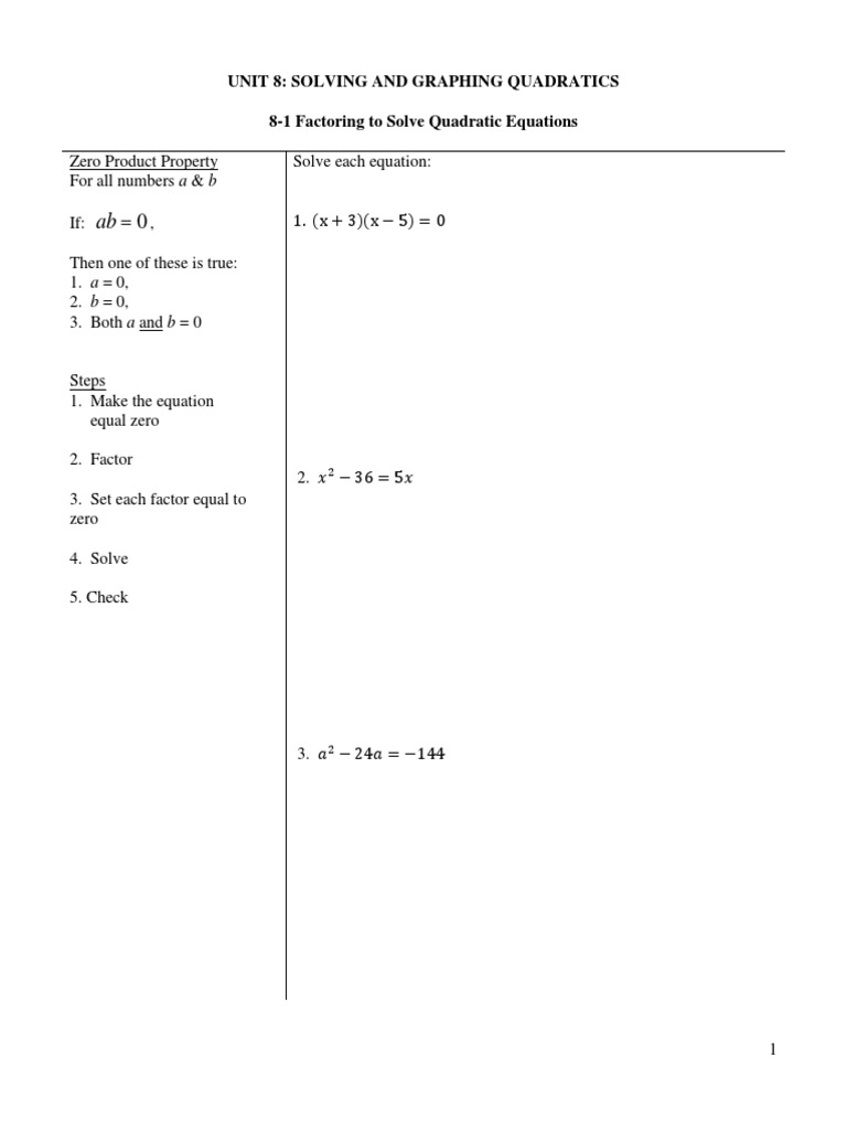 Unit 8 Graphing Solving Quadratics | PDF | Quadratic Equation | Equations
