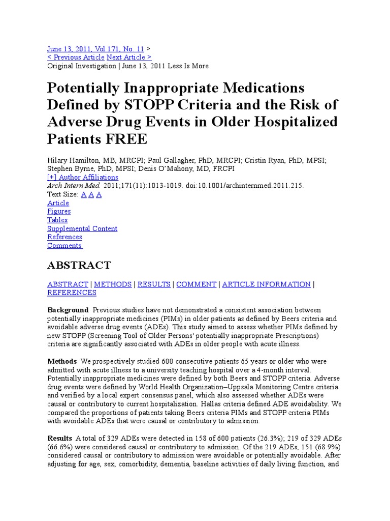 Potentially Inappropriate Medications Defined by STOPP Criteria and The ...